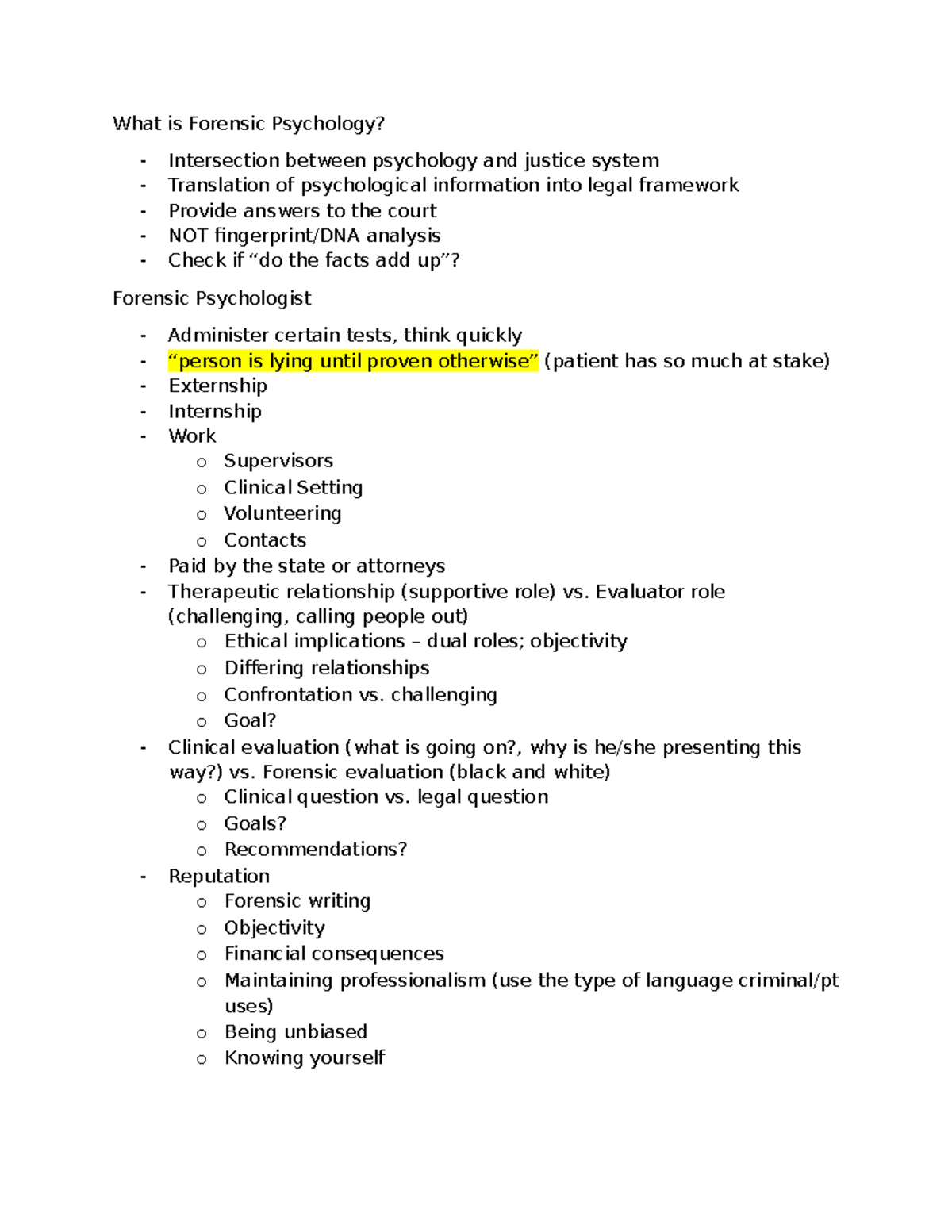 Forensic Psychology (PSY 301) Lectures 1-4 Quiz Preparation Notes - Studocu