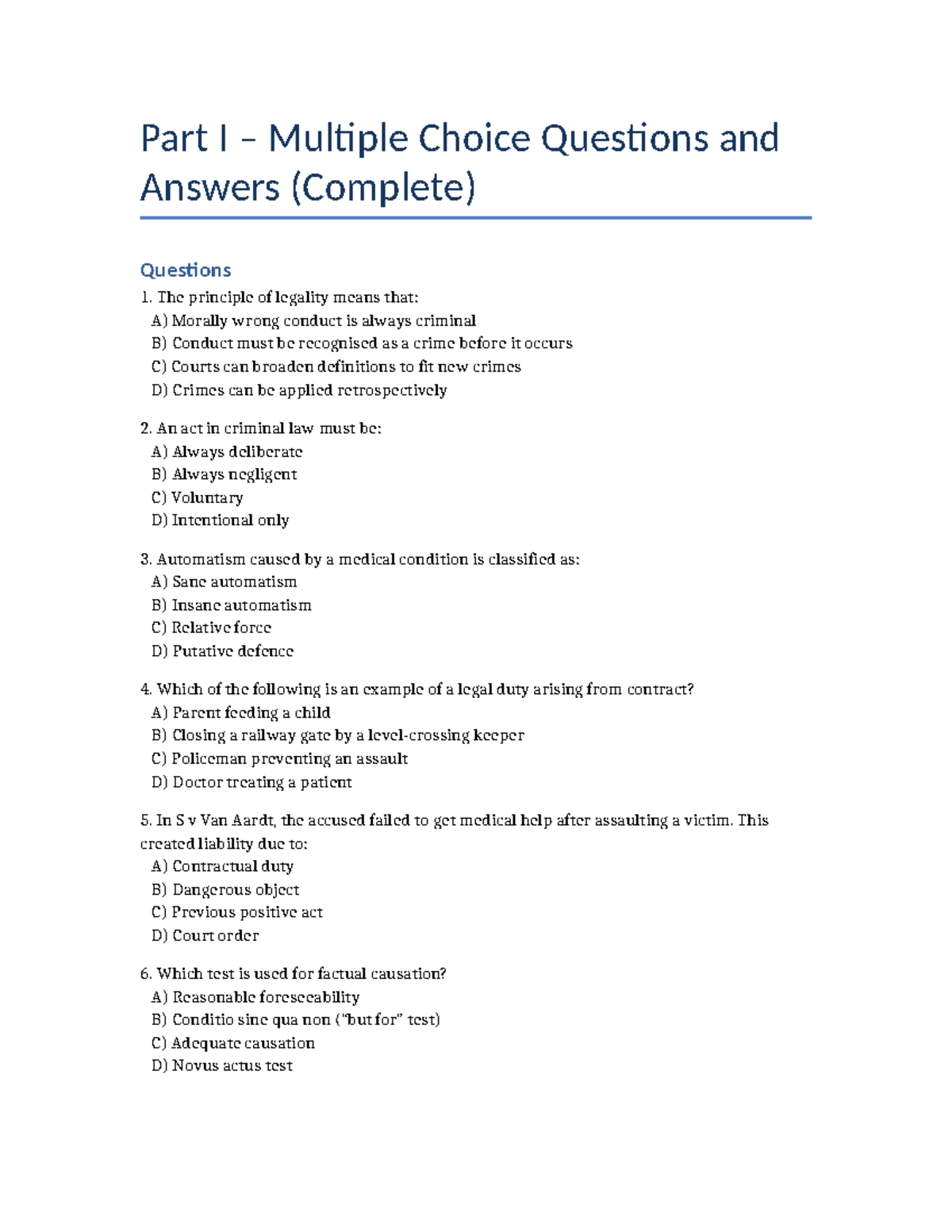MCQ Part 1: Criminal Law Questions & Answers (Complete) - Studocu