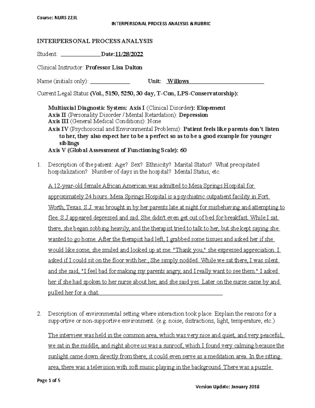 NURS 223L - Interpersonal Process Analysis - INTERPERSONAL PROCESS ...