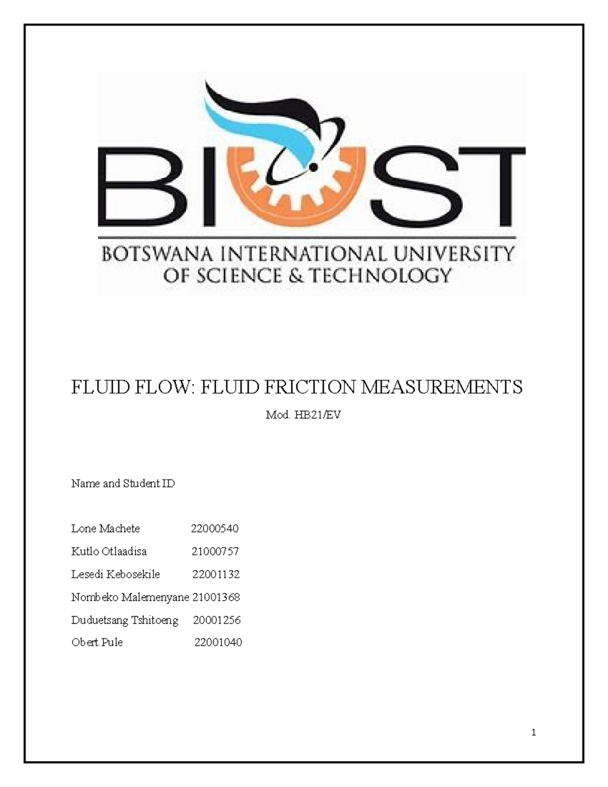 Fluid FLOW - Lab report - FLUID FLOW: FLUID FRICTION MEASUREMENTS Mod. HB21/EV Name and Student ...