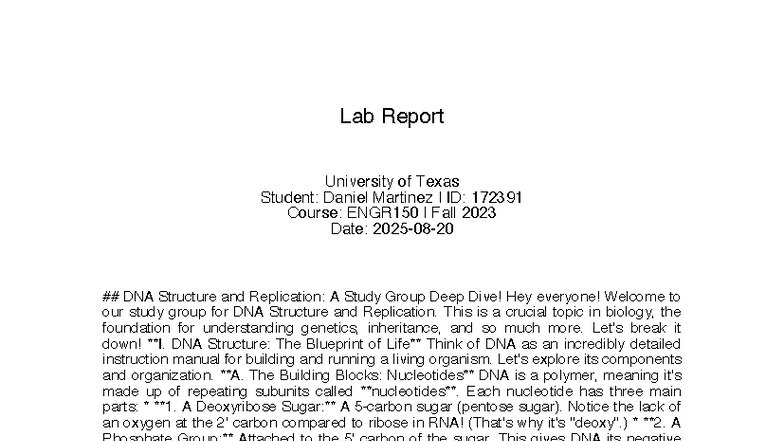 ENGR150 Fall 2023 Lab Report: DNA Structure & Replication Study Guide ...