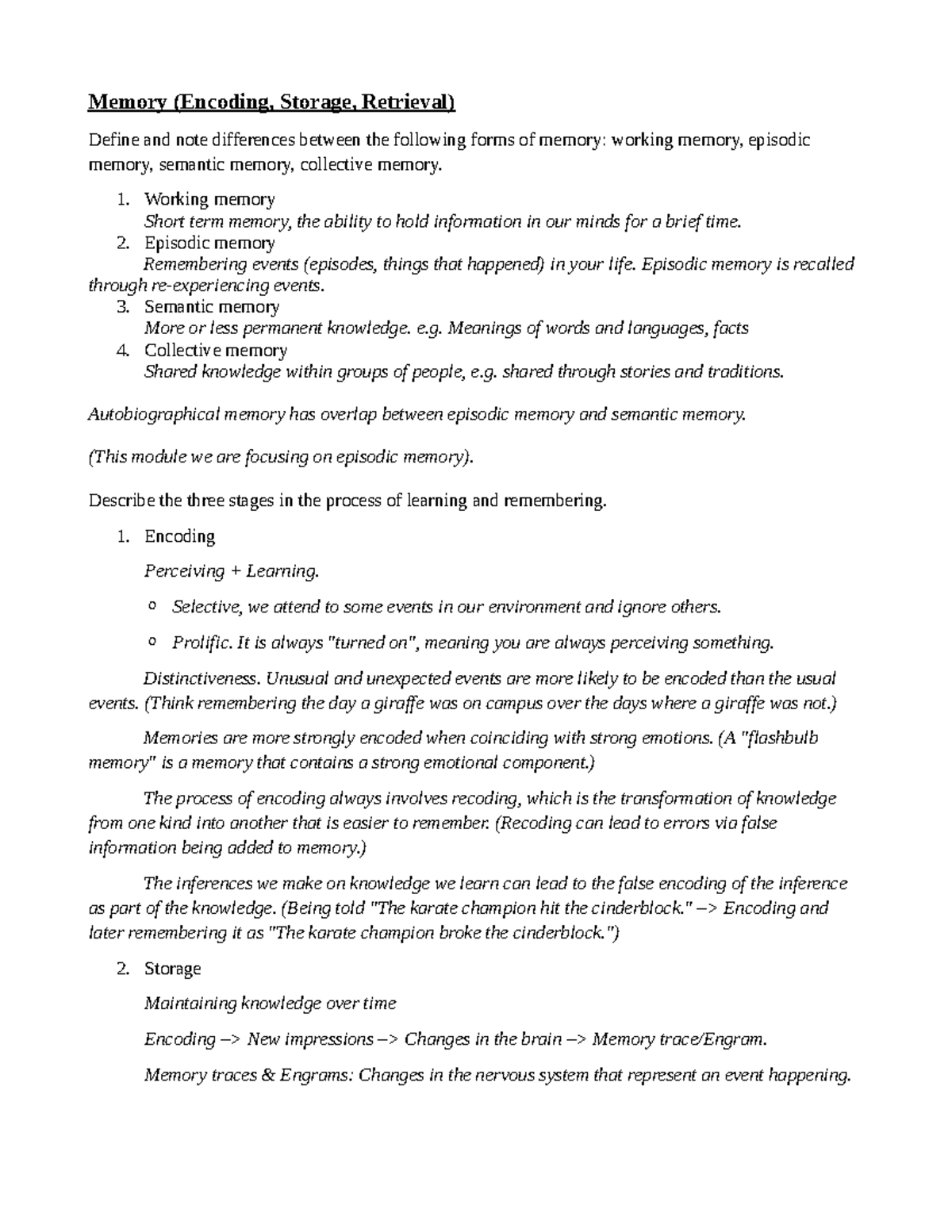 PSYC 100 Lecture Notes – Memory (Encoding, Storage, Retrieval) - Studocu