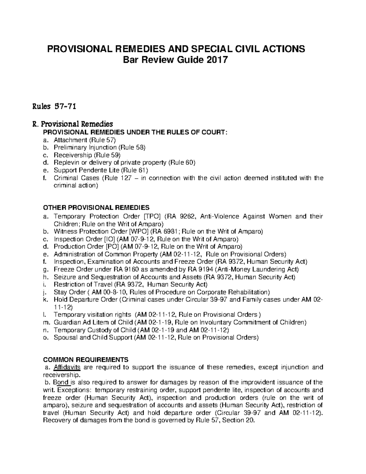 Provisional Remedies & Special Civil Actions Bar Review Guide 2017 ...