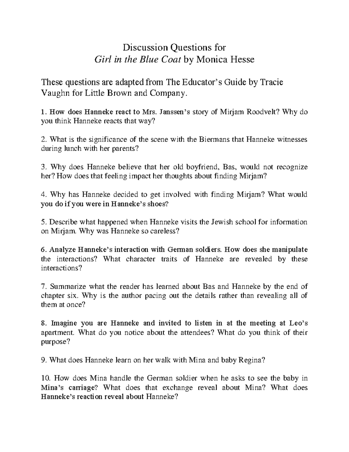 Girl in the Blue Coat (Discussion Guide) - Key Questions & Analysis ...