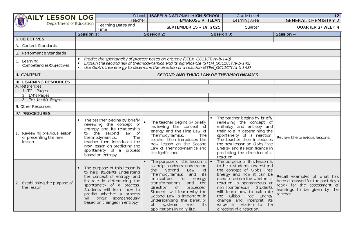 Gen Chem 12 Lesson Log: 2nd & 3rd Laws of Thermodynamics - Studocu