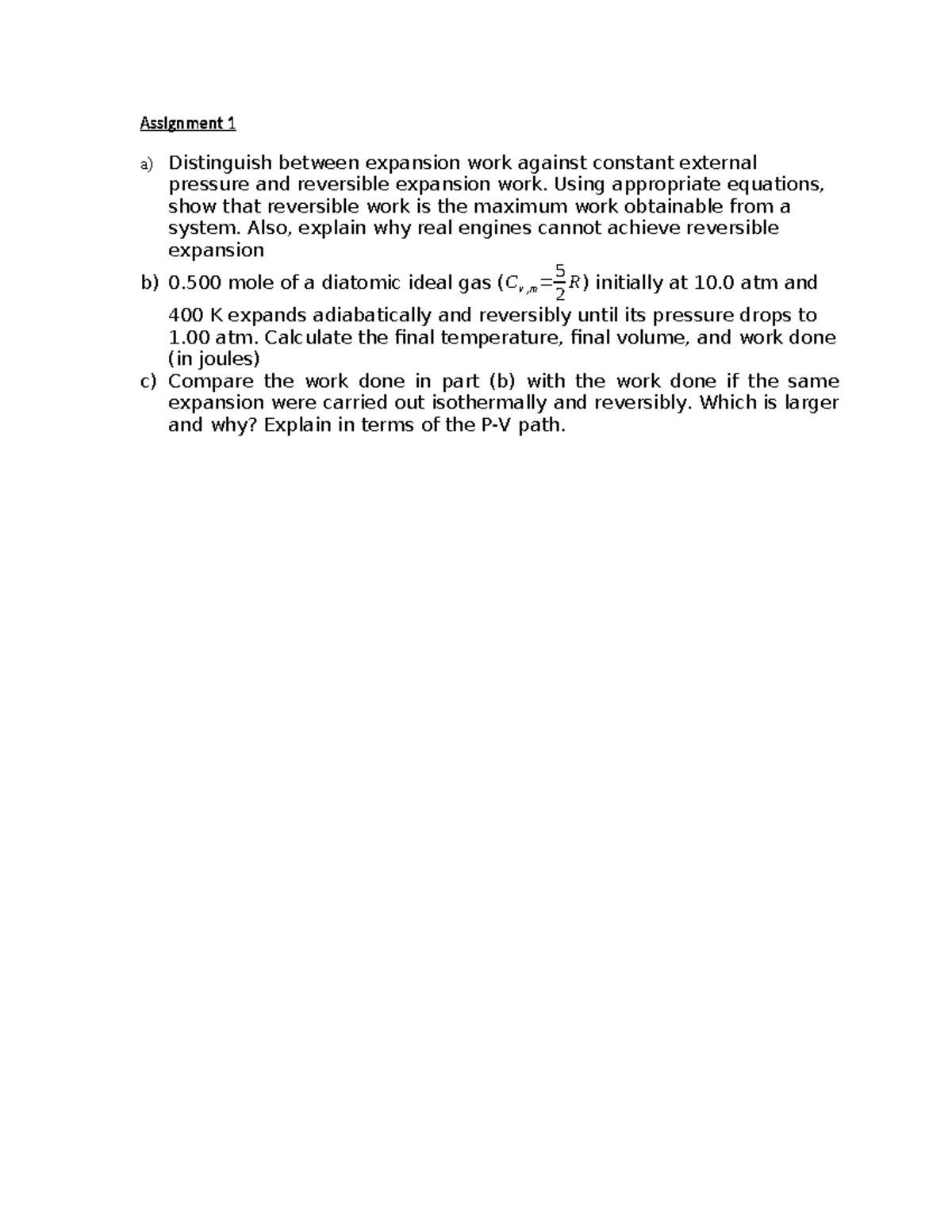 Assignment 1: Thermodynamics - Expansion Work & Ideal Gas Analysis ...
