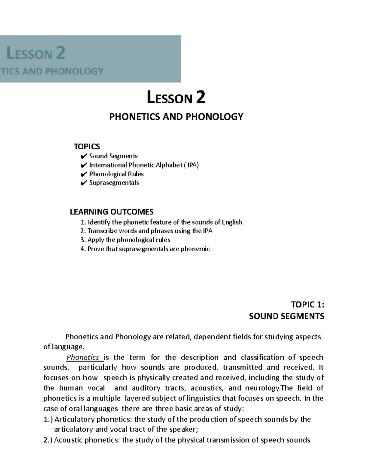 Lesson 2 -Phonetics and Phonology - LESSON 2 PHONETICS AND PHONOLOGY ...
