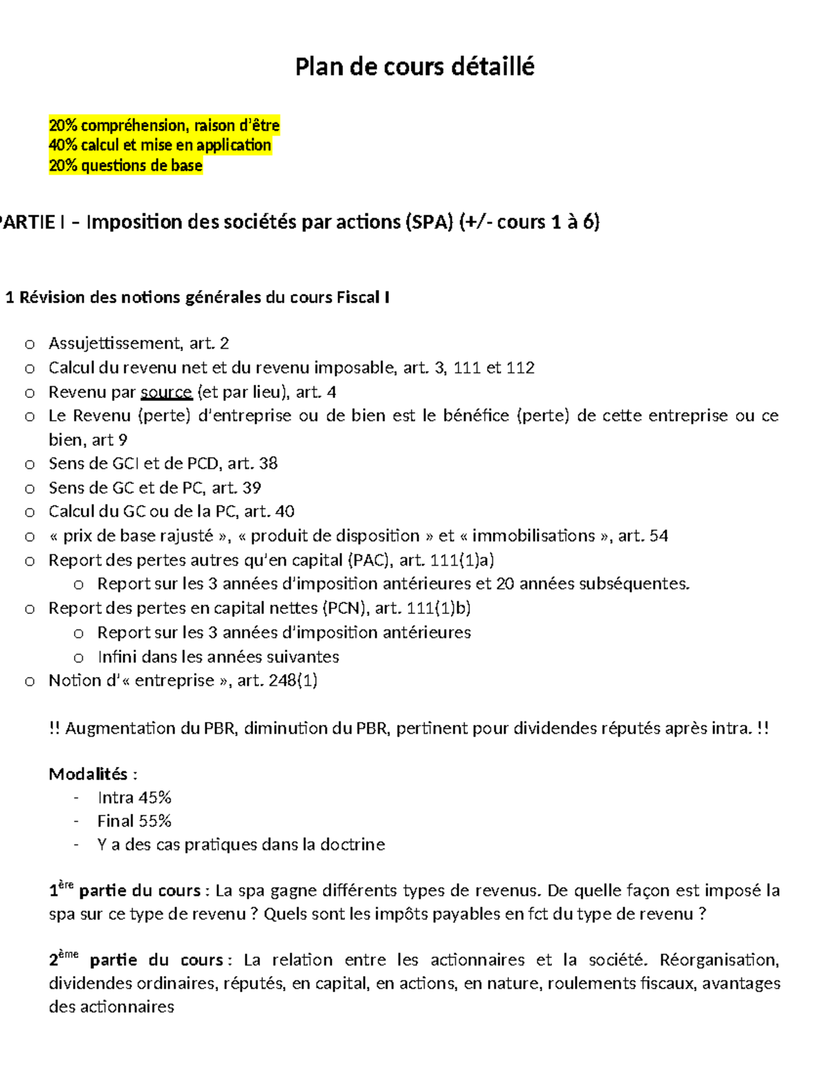 DRT509 - Notes de cours sur l'Imposition des Sociétés par Actions (SPA ...