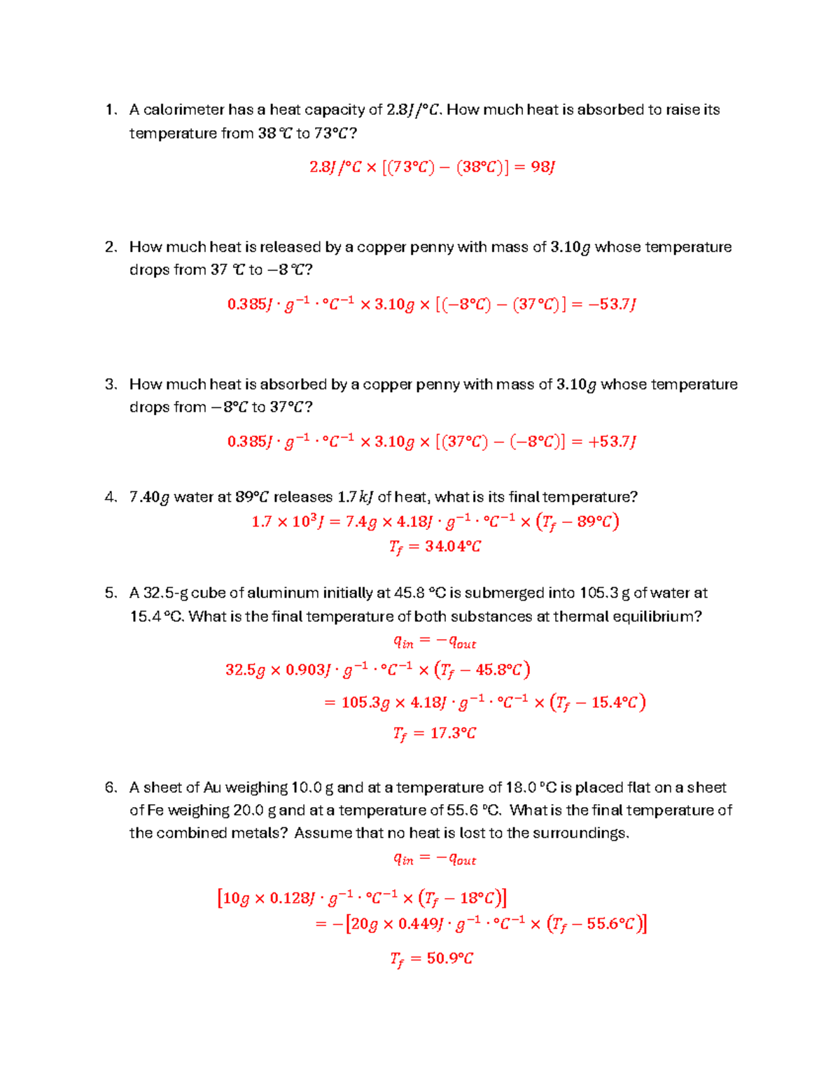Homework 4 - Key: Thermodynamics Heat Calculations and Equilibrium ...
