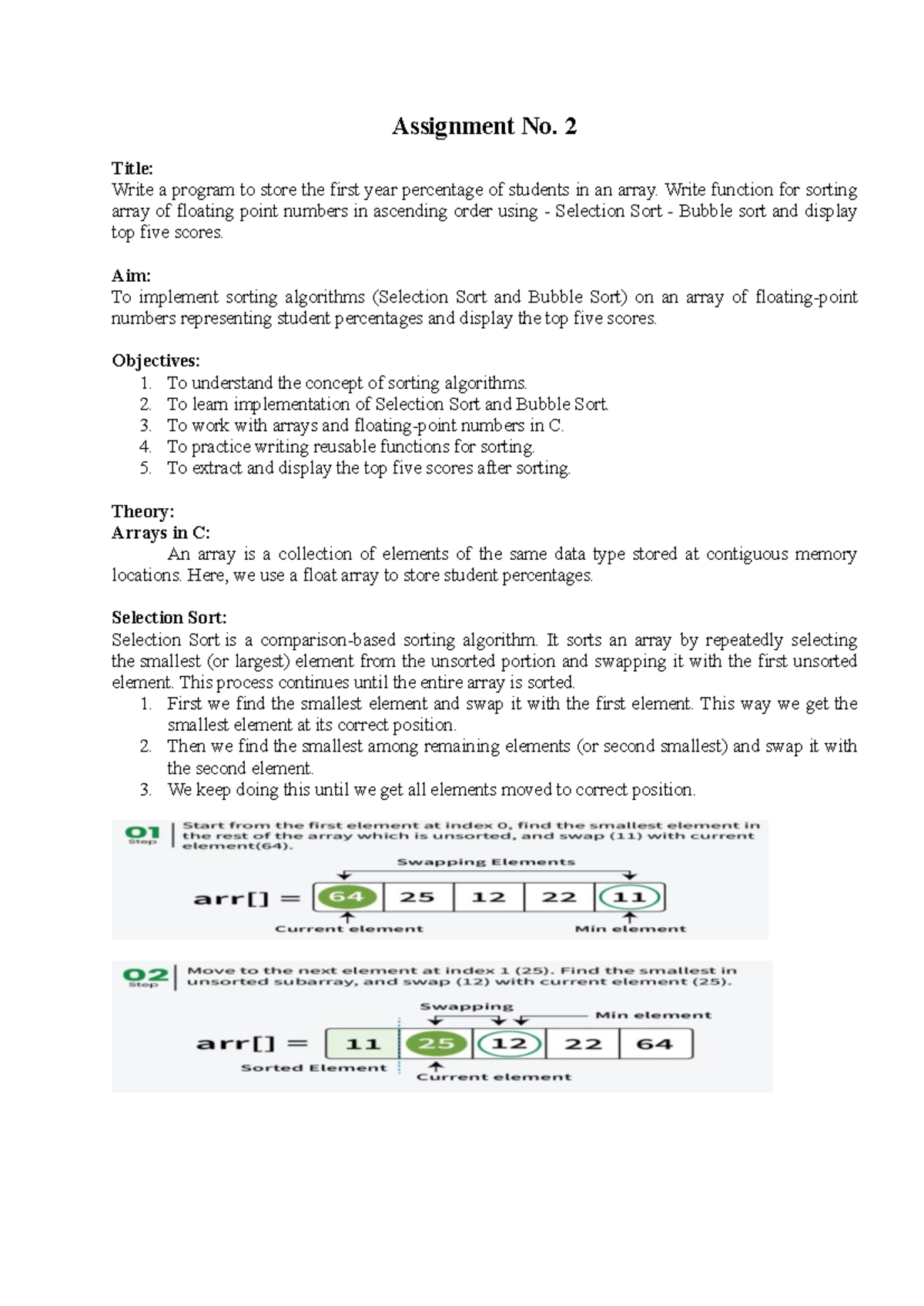 C Programming Assignment 2: Implementing Selection and Bubble Sort - Studocu