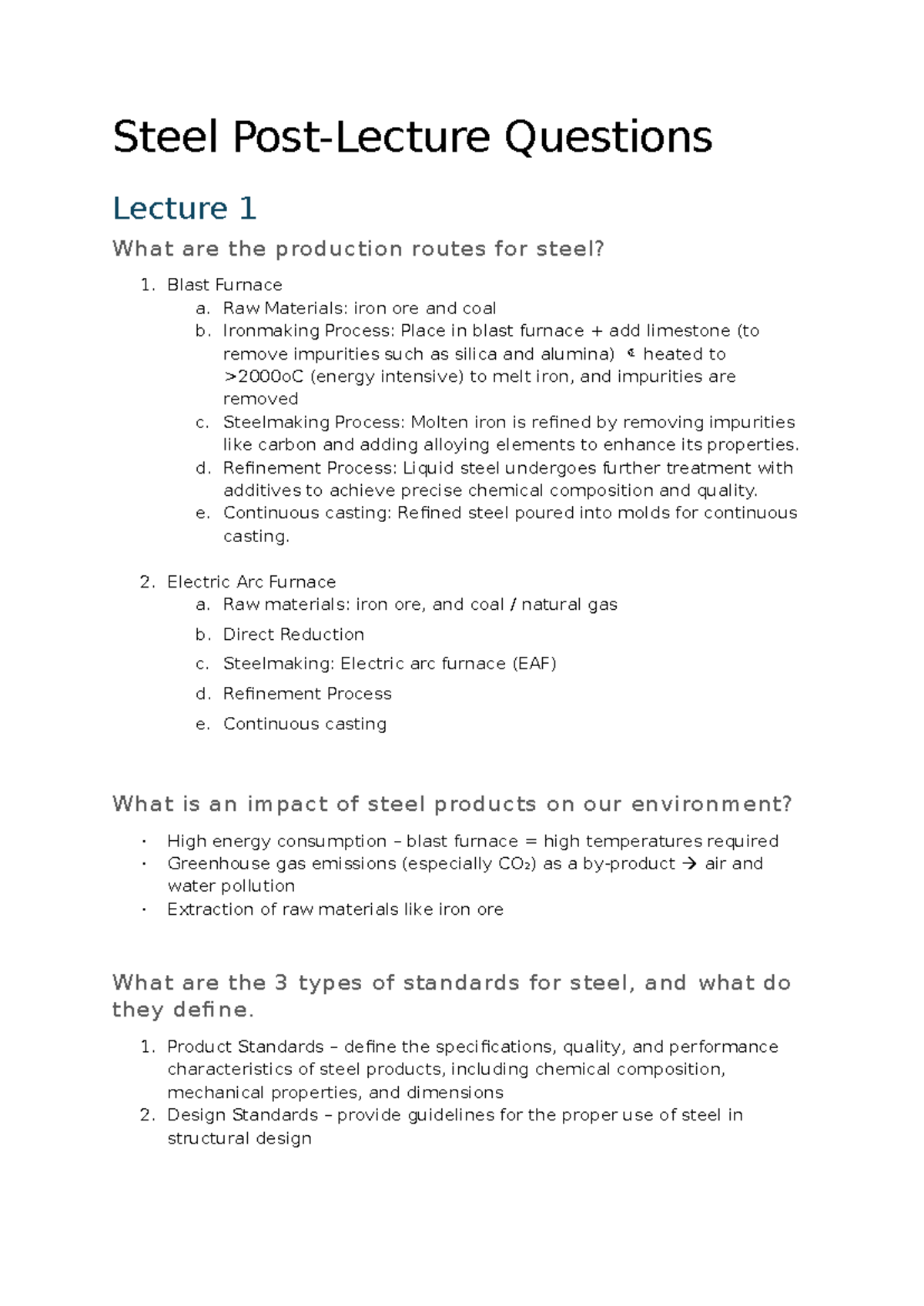 Steel Production and Properties: Lecture 1 & 2.6.4 Questions - Studeersnel