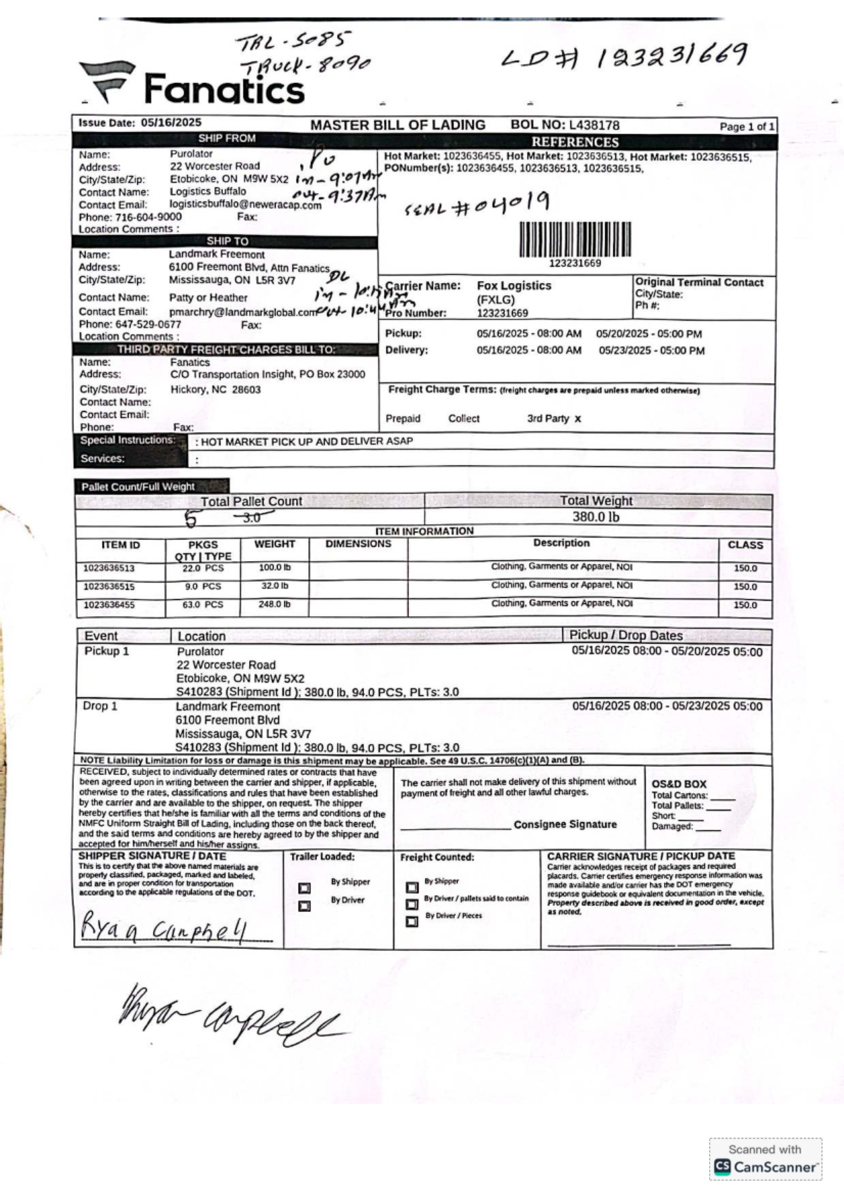 5085 Master Bill of Lading for Fanatics Shipment L438178 - Studocu