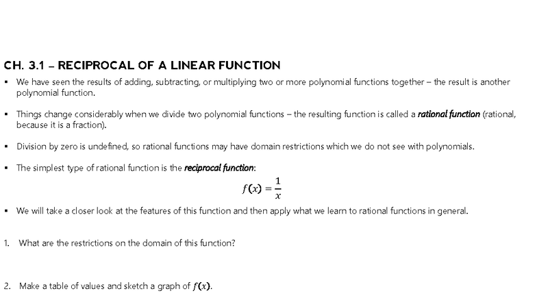 MHF4U - Ch. 3.1 - Exploring the Reciprocal of a Linear Function - Studocu