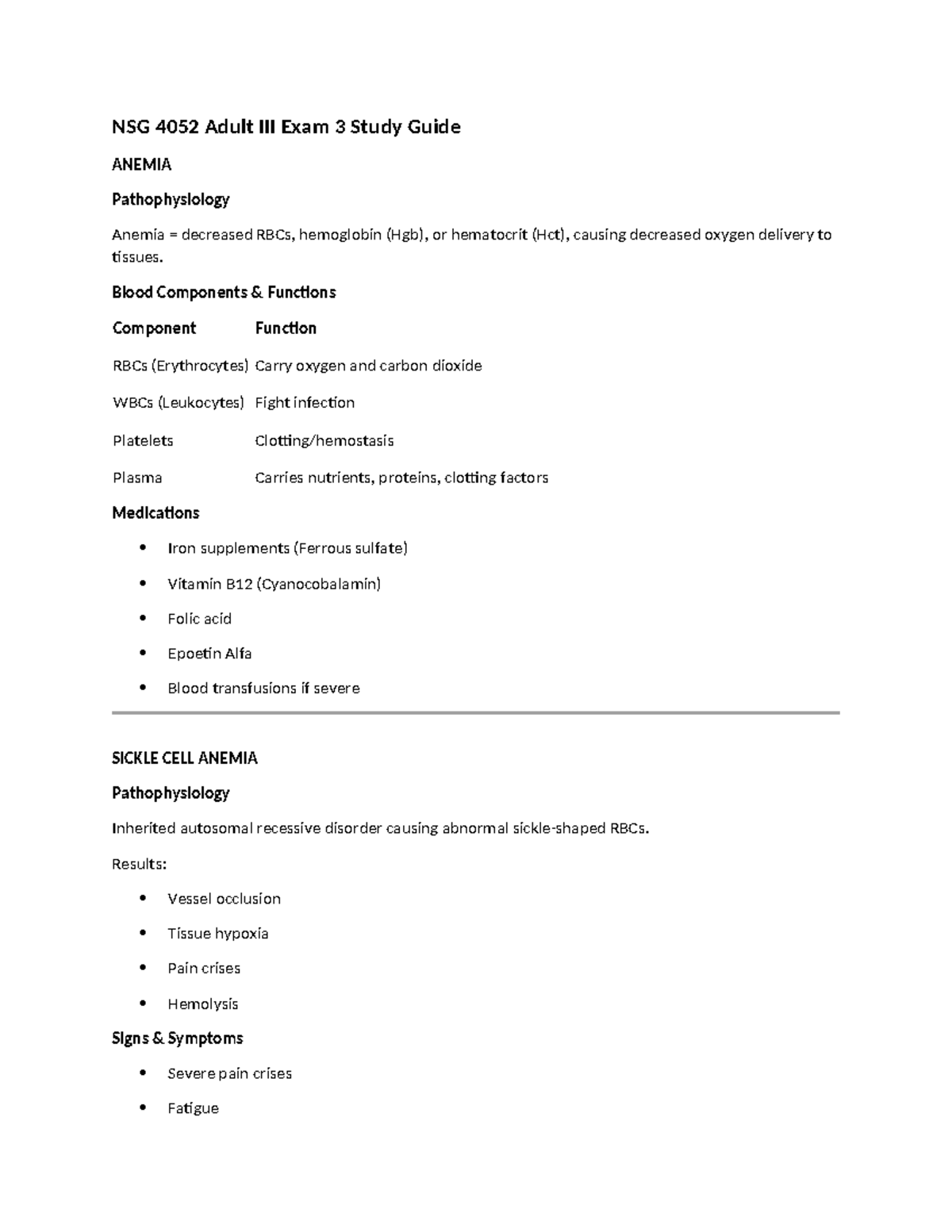 NSG 4052 Adult III Exam 3 Study Guide: Anemia & Hematologic Disorders ...