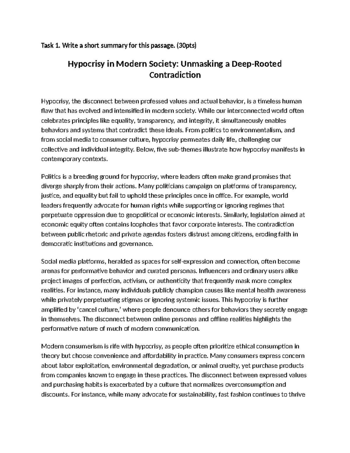 FULL TEST 01 - Final Test on Hypocrisy in Modern Society - Studocu