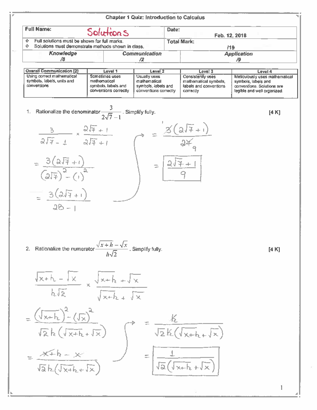 Chapter 1 Quiz Feb 2018 Solutions Chapter 1 Quiz Introduction To