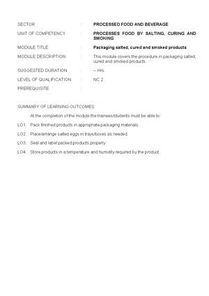 SECTOR: PROCESSED FOOD & BEVERAGE - Module 1: Equipment Prep for ...