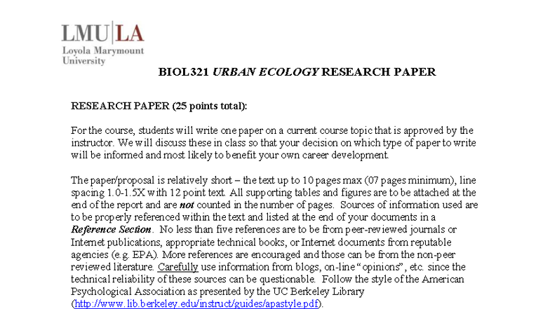 BIOL321 Urban Ecology Research Paper Guidelines and Tips - Studocu