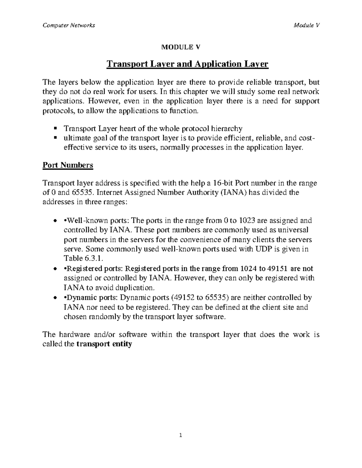Computer Networks (CS101) Module V: Transport & Application Layers ...