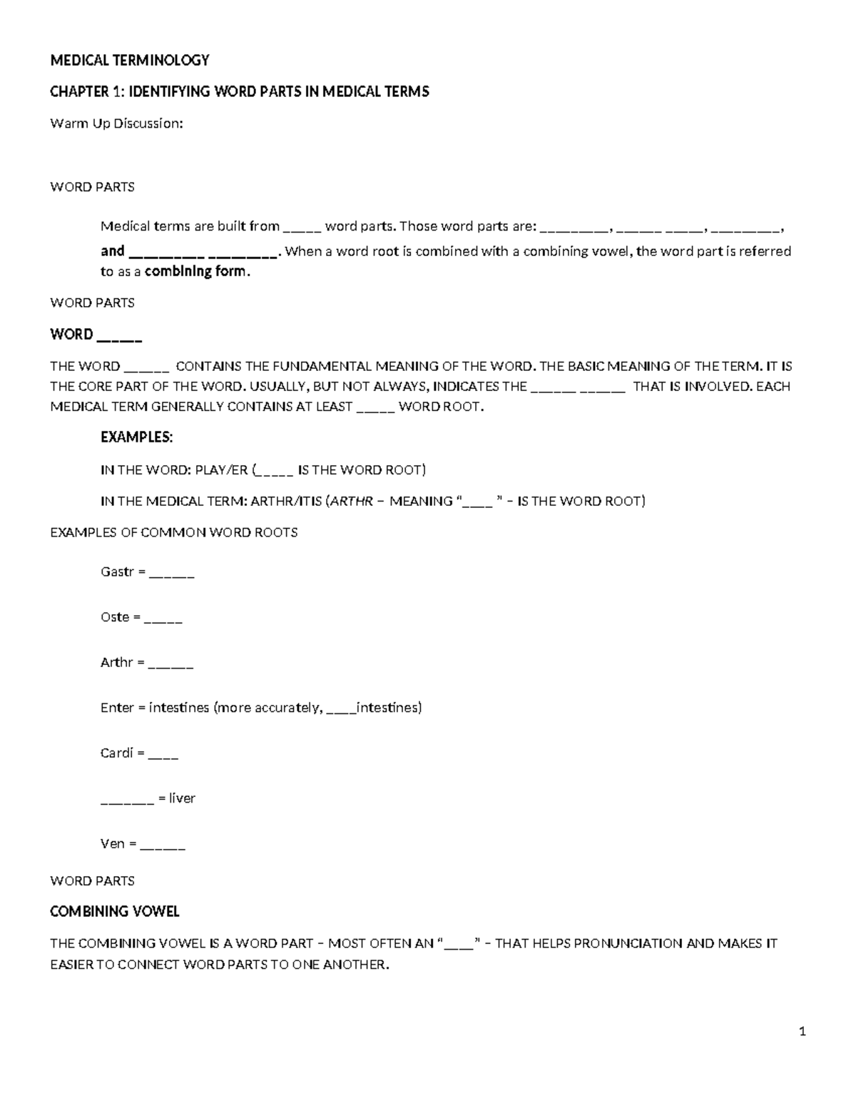 MEDICAL TERMINOLOGY CHAPTER 1: IDENTIFYING WORD PARTS - Studocu