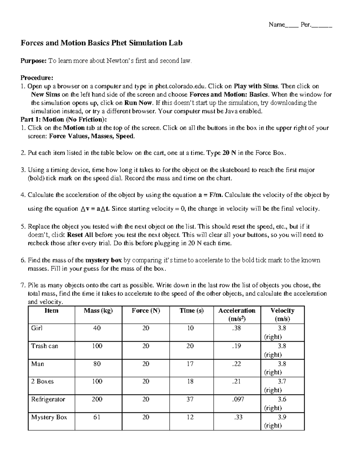 AP Physics AP211 Forces & Motion Phet Lab Guidelines and Analysis - Studocu