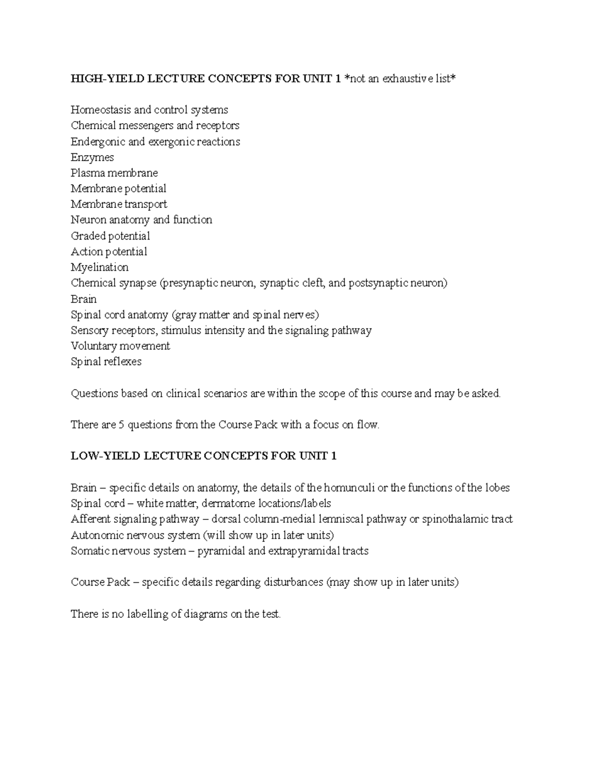 LECTURE UNIT 1: Homeostasis, Nervous System & Key Concepts - Studocu