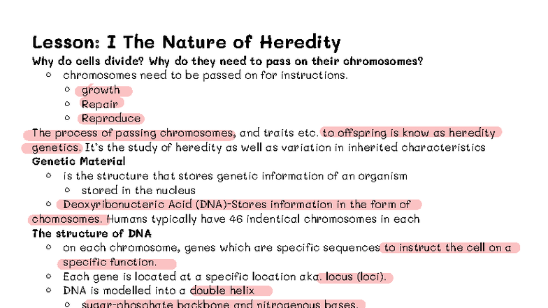 Biology Lesson: The Nature of Heredity and Cell Division Concepts - Studocu