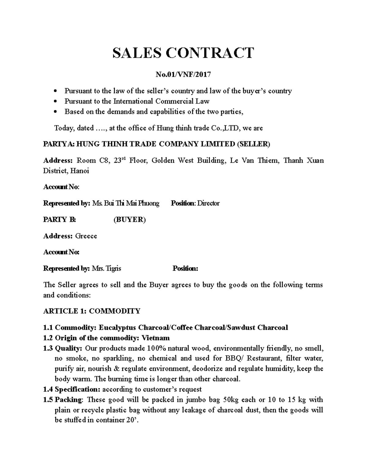 Sales Contract for Coffee and Charcoal Export - Hợp đồng xuất khẩu cà ...