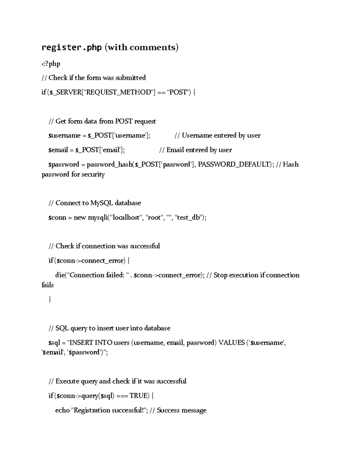 PHP Registration Form Example Code with Comments - Studocu