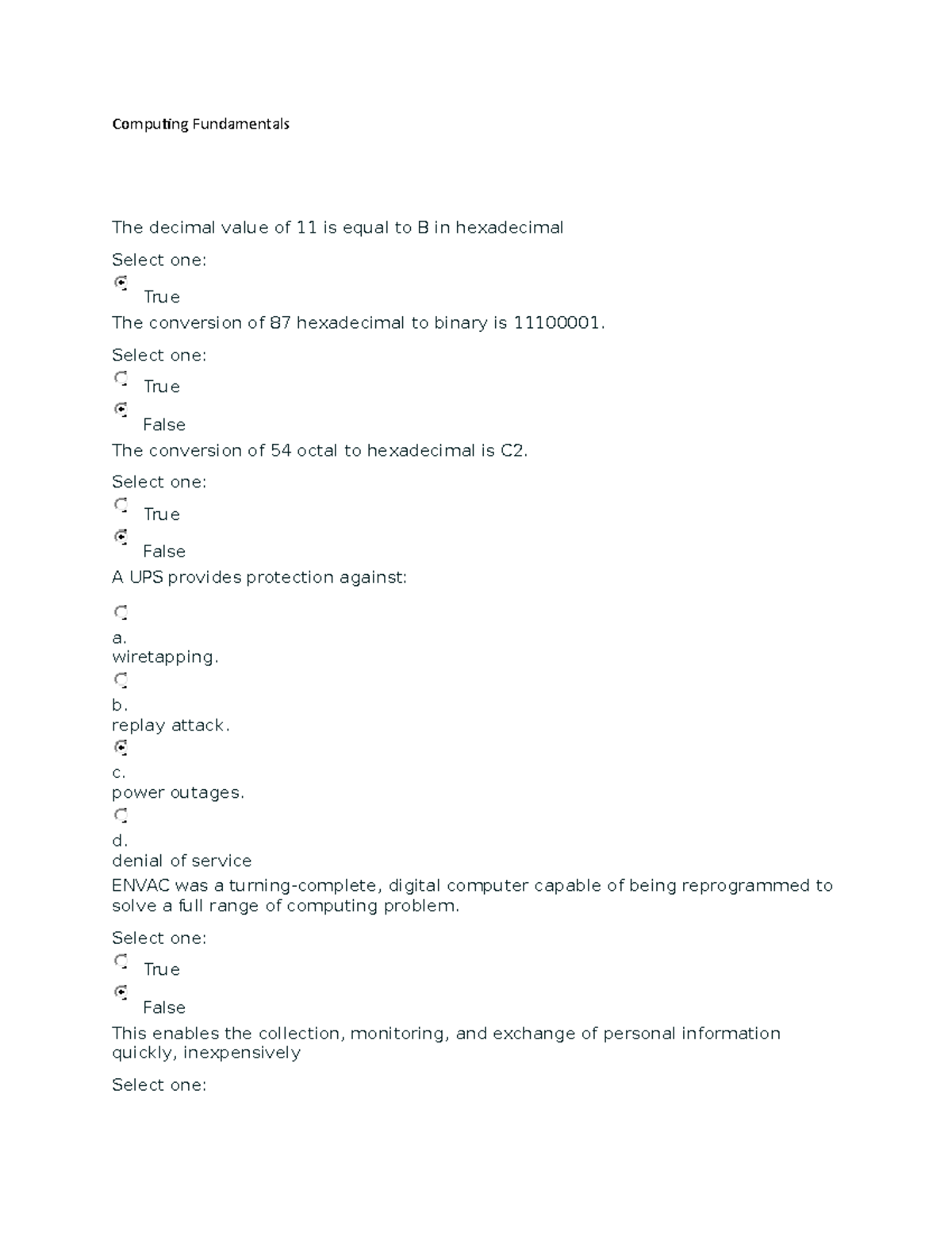 COMPUTING 101: Quiz on Fundamental Concepts & Value Conversions - Studocu
