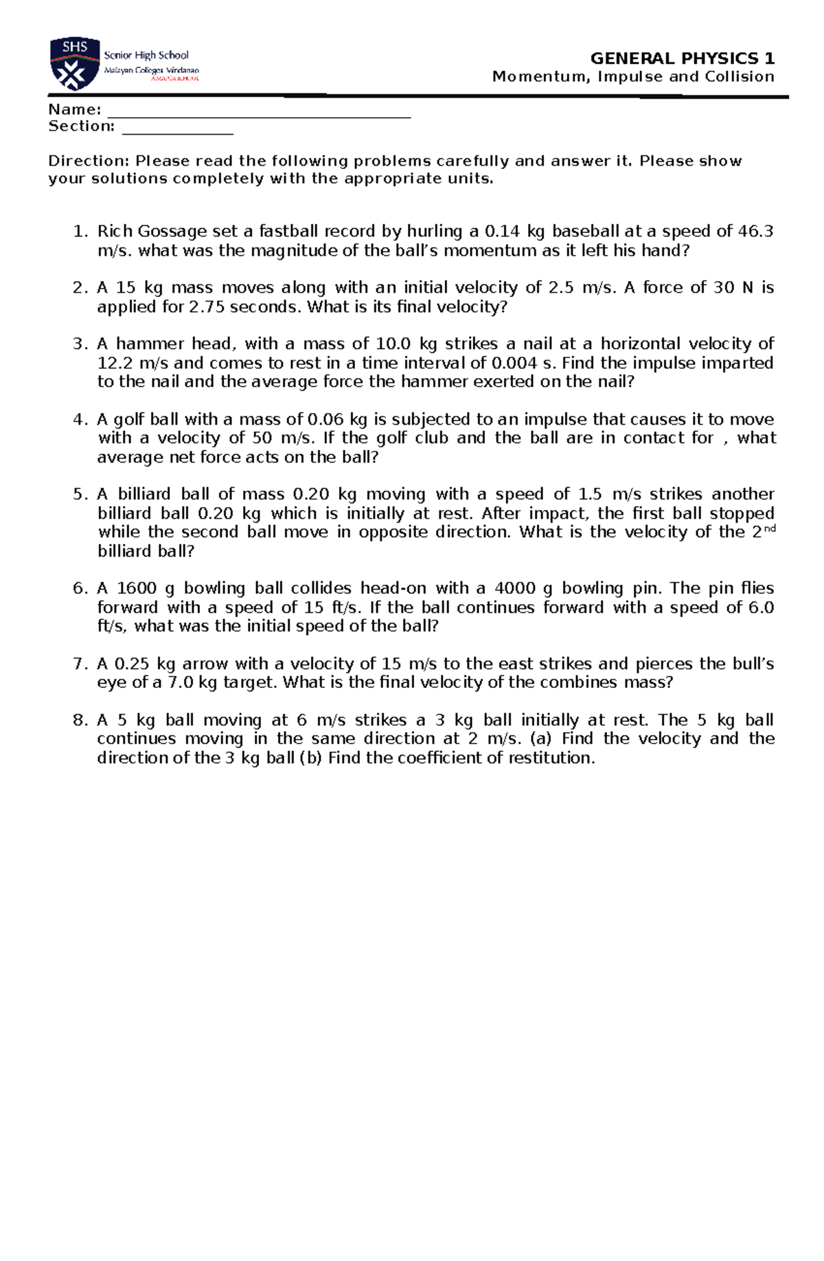 Momentum, Impulse & Collision Problems for General Physics 1 - Studocu