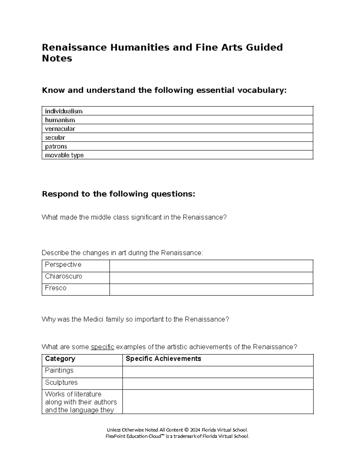 Renaissance Humanities & Fine Arts Guided Notes (2024) - Studocu