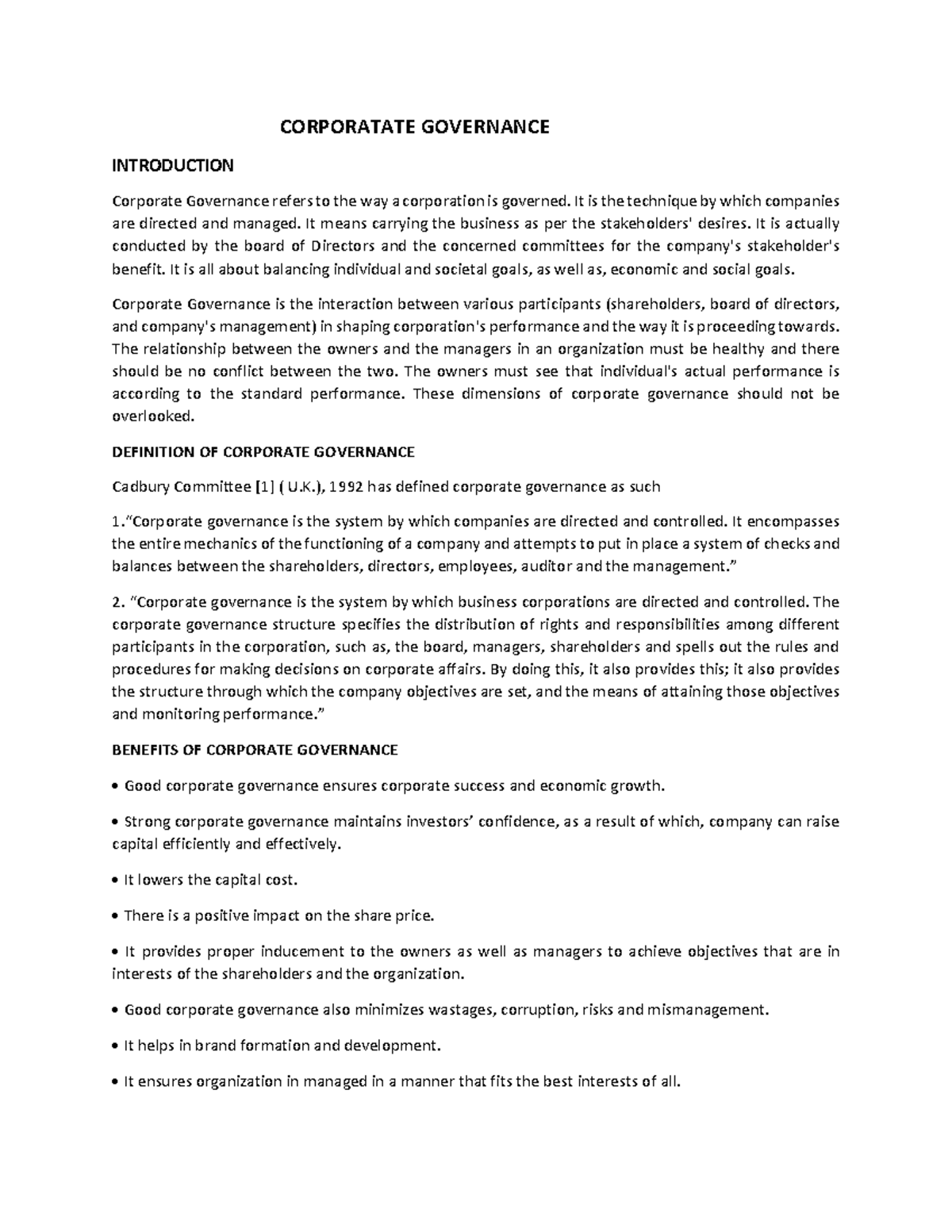 Corporate Governance Note (Autosaved) (Autosaved) - CORPORATATE ...