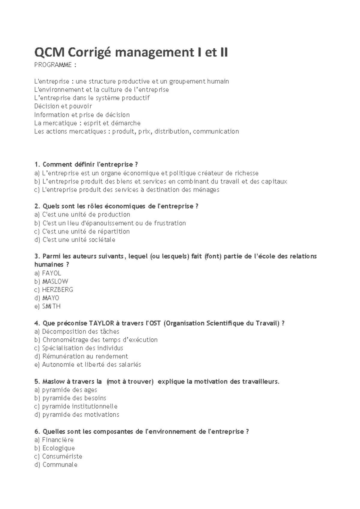 QCM Corrigé management I et II ENCG Tanger - QCM Corrigé management I et II PROGRAMME : L ...