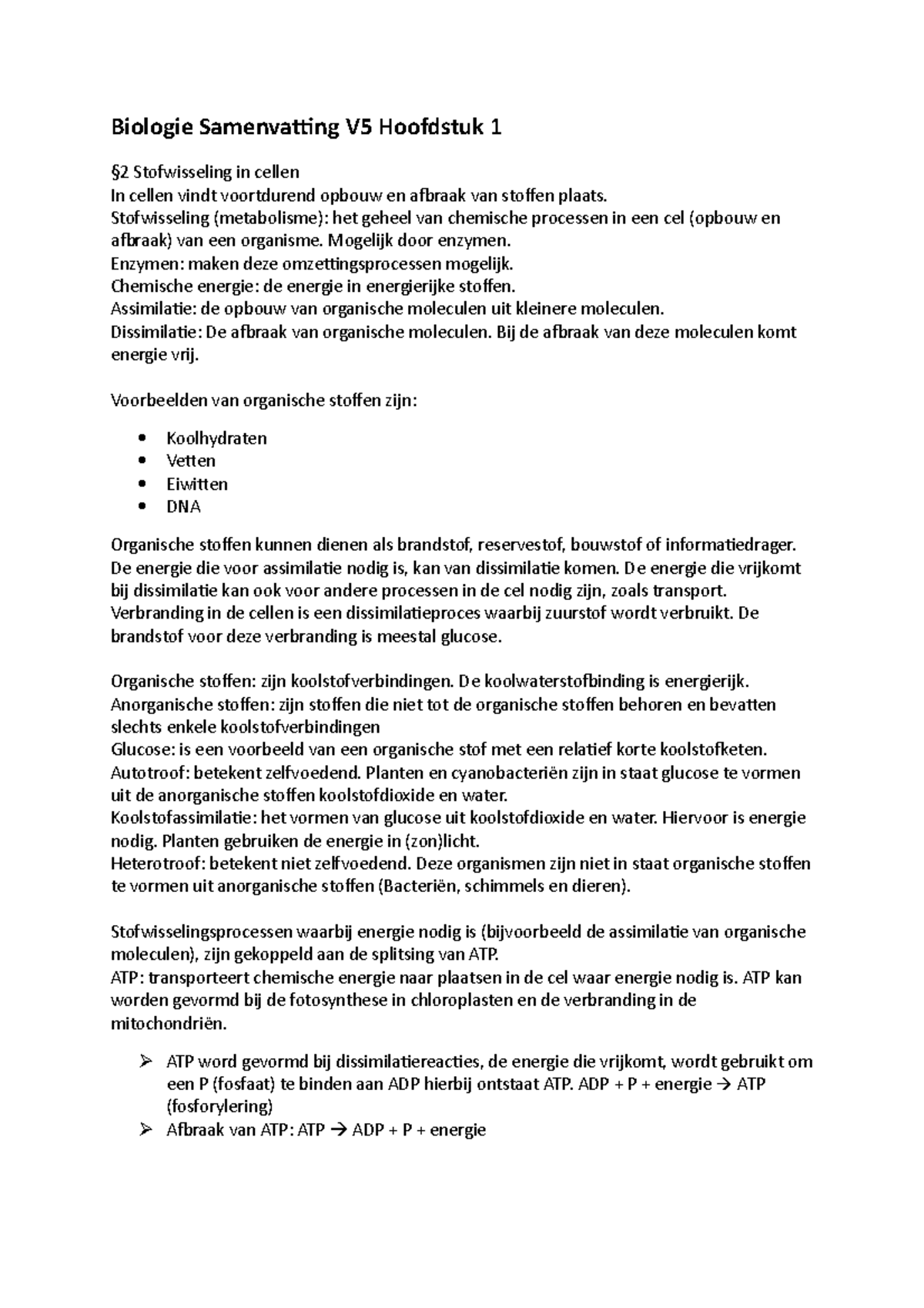 Biologie Samenvatting Hoofdstuk 1 V5: Stofwisseling en Enzymen ...