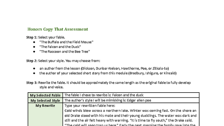 Honors EAP 1.08 Fable Rewrite: Falcon and the Drake - Studocu