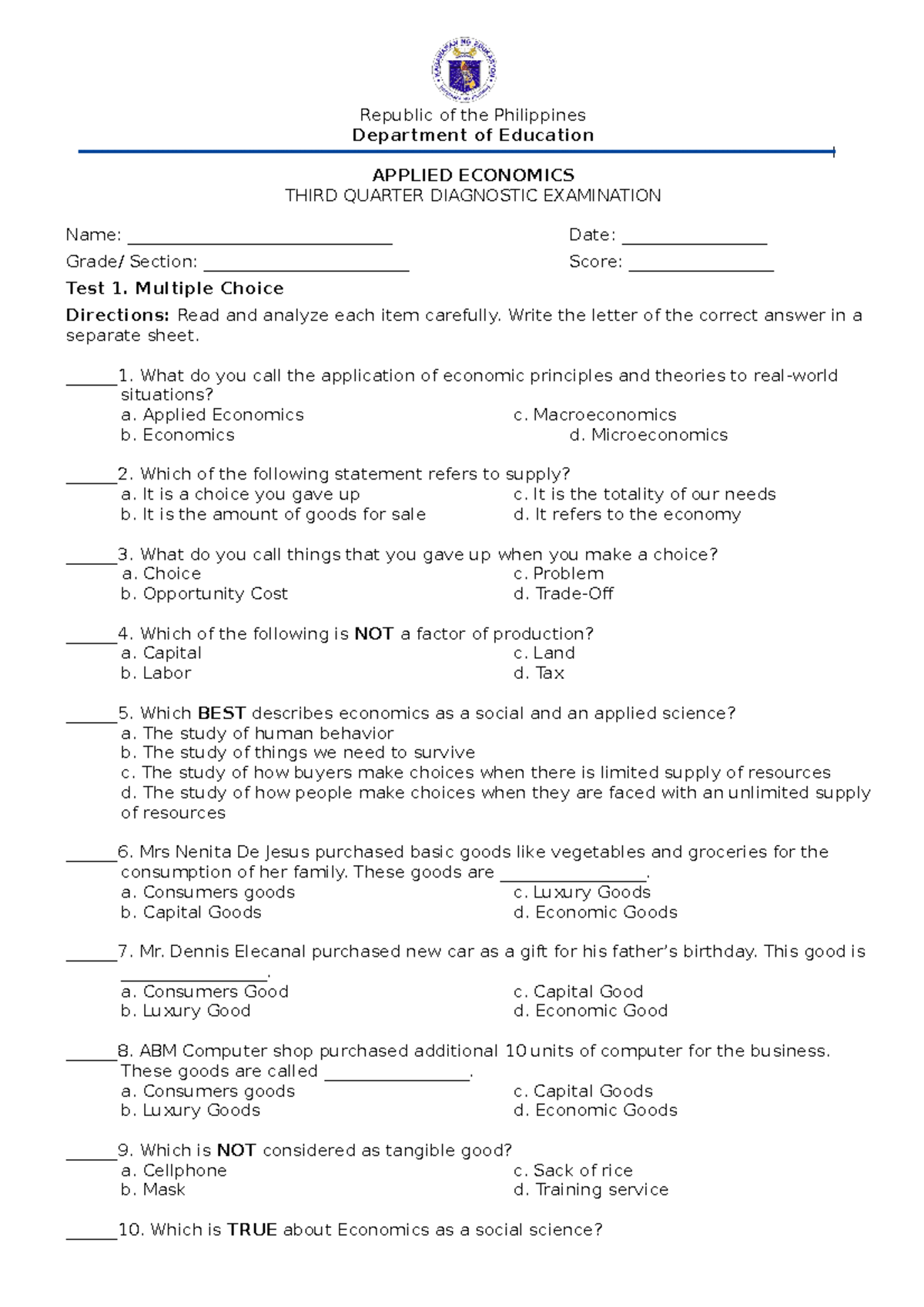 Applied Economics Final Exam: Third Quarter Diagnostic Review - Studocu
