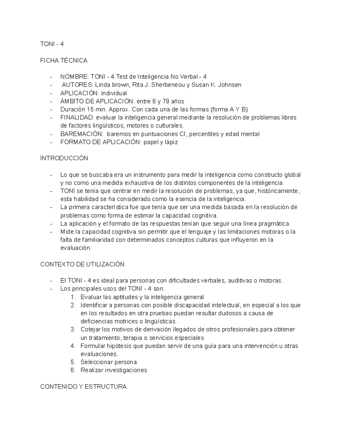 TONI-4: Test de Inteligencia No Verbal - Evaluación y Aplicación - Studocu