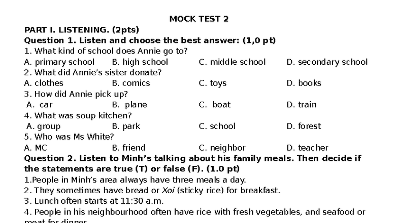 MOCK TEST 2 - Listening & Language Skills (Practical Test) - Studocu