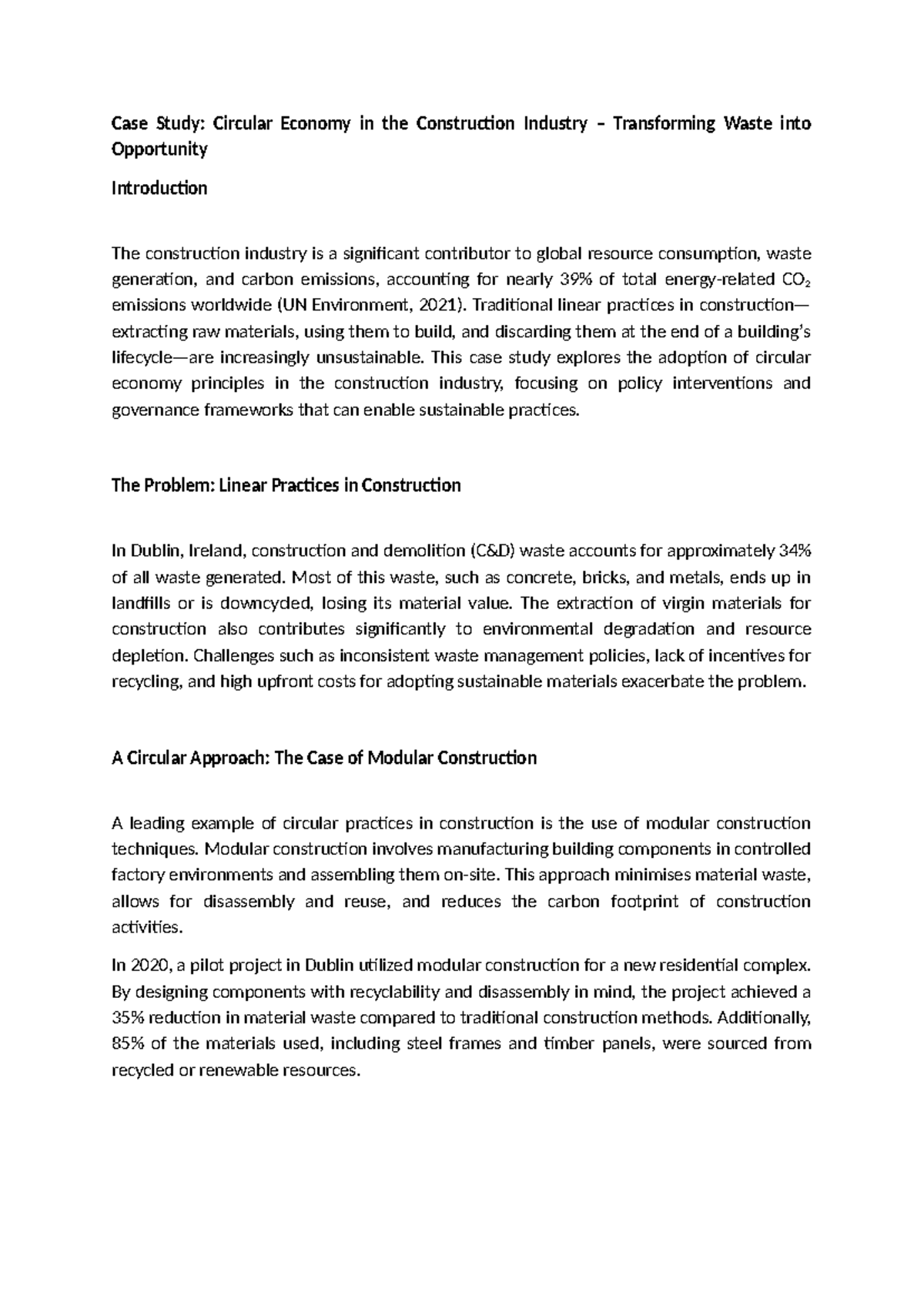 Case Study: Circular Economy in Construction (Course Code: CS3) - Studocu