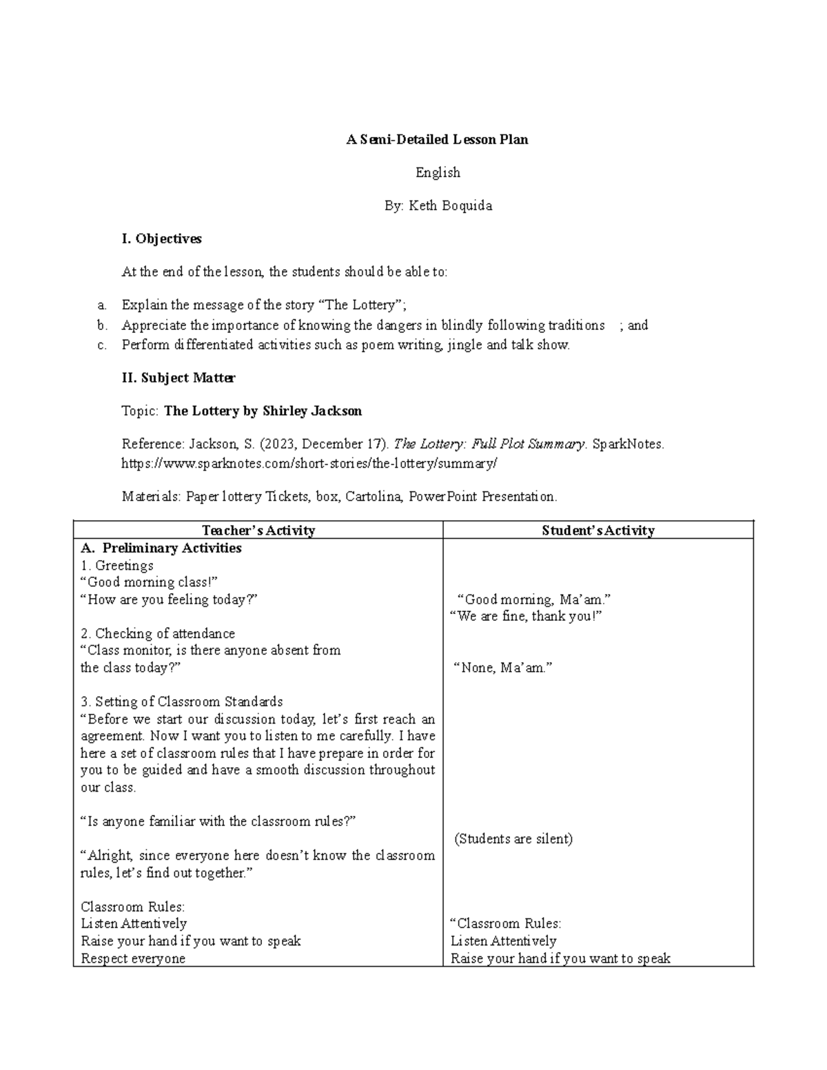 LP IN THE Lottery BY Shirley Jackson - A Semi-Detailed Lesson Plan English By: Keth Boquida I ...