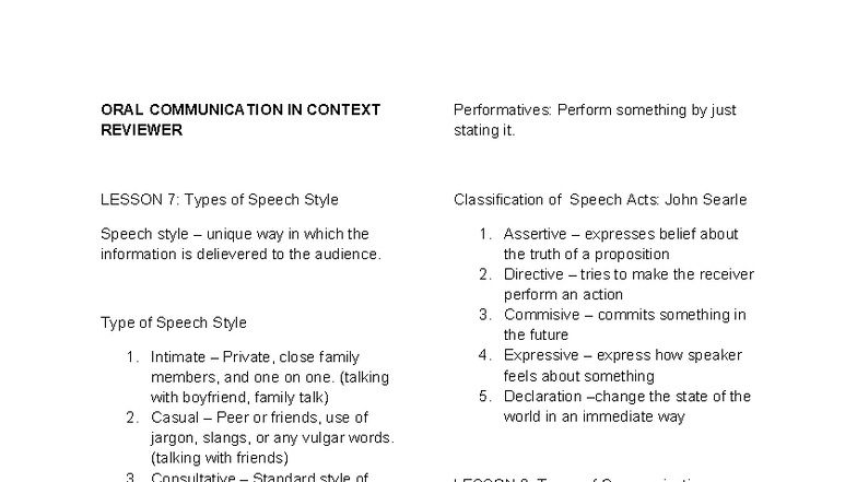 ORAL COMMUNICATION IN CONTEXT REVIEWER: Speech Styles & Acts - Studocu