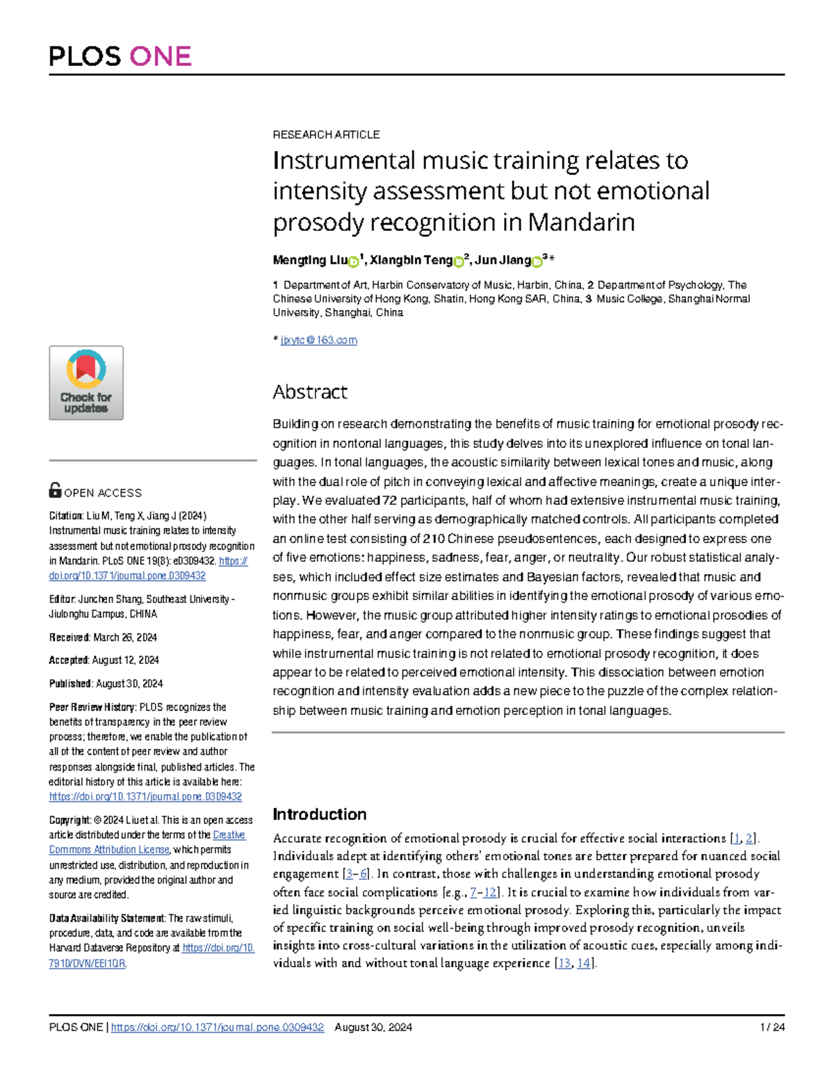 Instrumental Music Training Impact on Emotion Intensity in Mandarin ...
