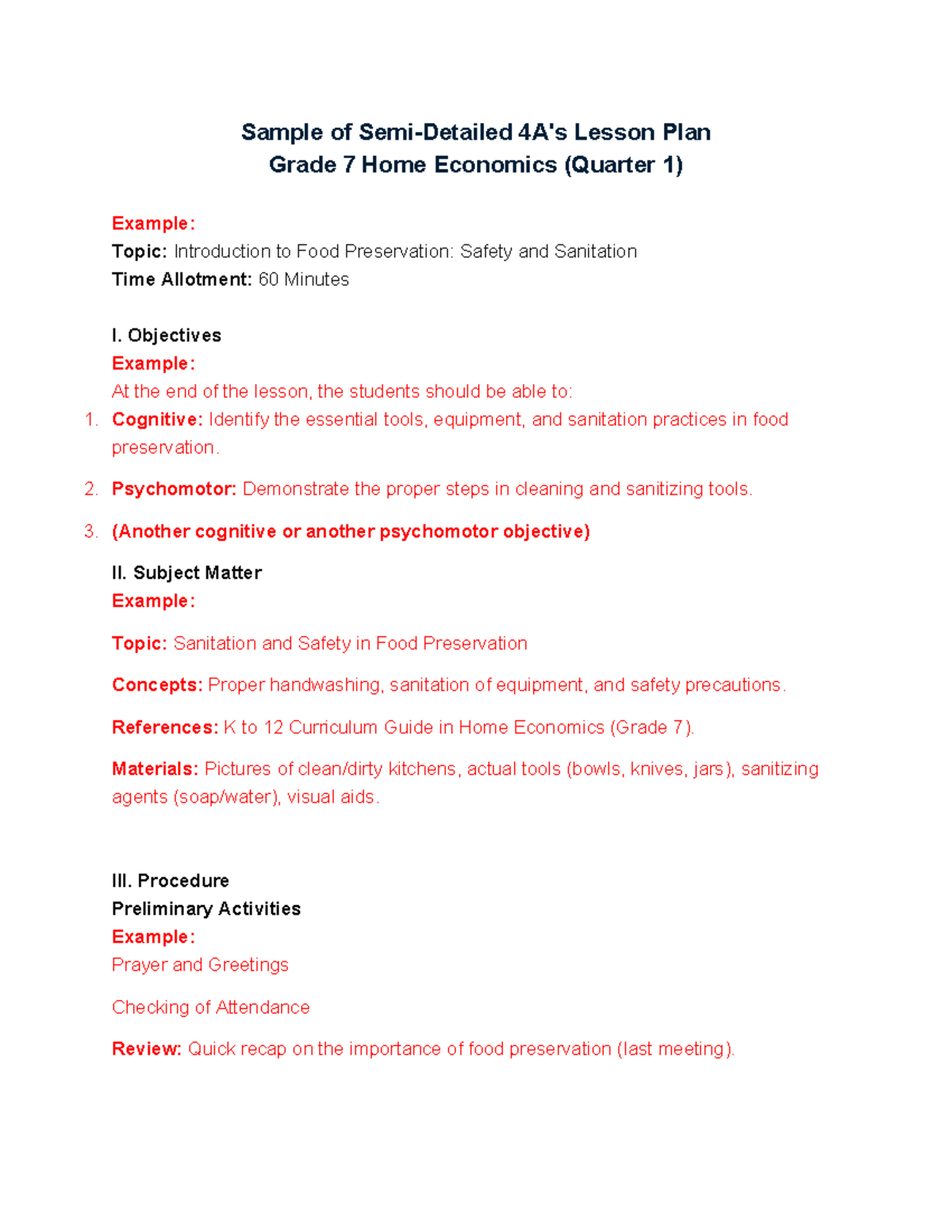 Grade 7 Home Economics Lesson Plan: Food Preservation & Safety - Studocu