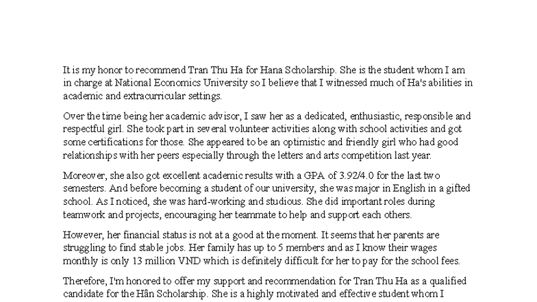 Recommendation letter - It is my honor to recommend Tran Thu Ha for ...