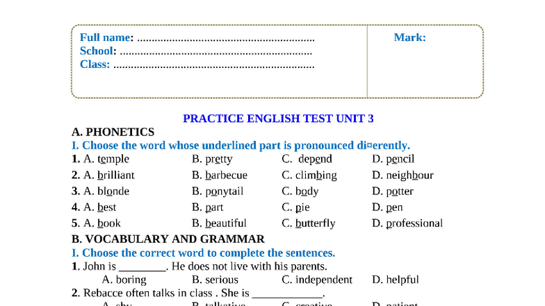 Practice Test - Unit 3: Phonetics, Vocabulary, and Grammar - Studocu
