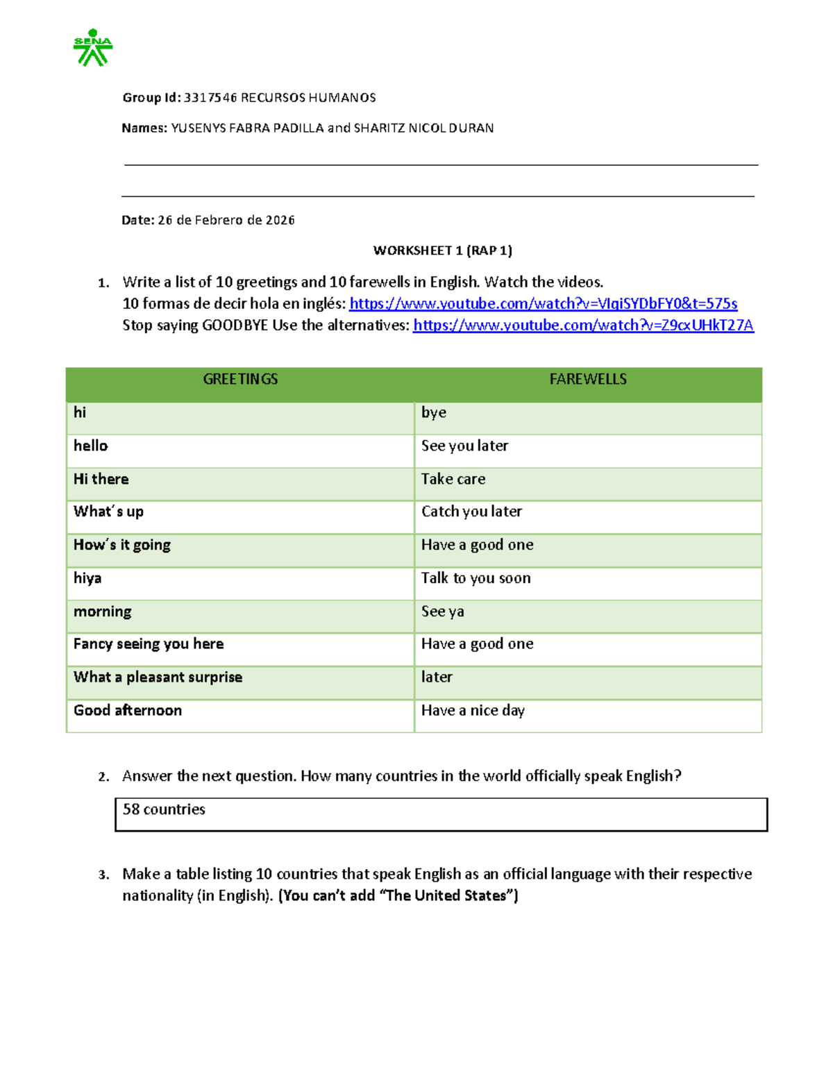 Worksheet 1: Greetings, Countries, and Glossary (HR 3317546) - Studocu