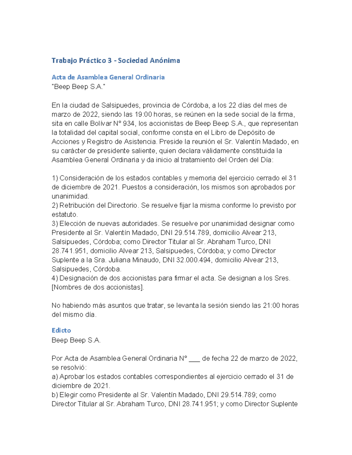 TP3: Acta de Asamblea General Ordinaria de Beep Beep S.A. - Studocu