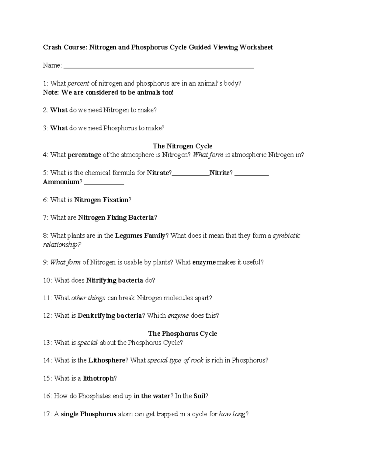 Crash Course: Nitrogen & Phosphorus Cycles Guided Worksheet - Studocu
