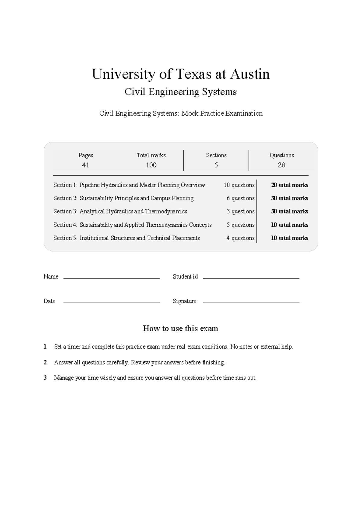 C E 301 Civil Engineering Systems: Mock Practice Exam 2026 - Studocu